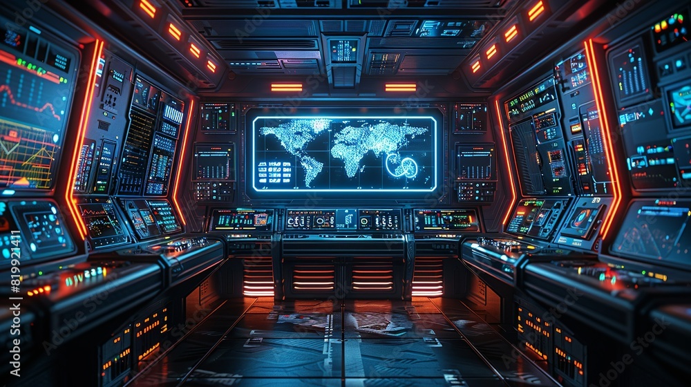 Sci-fi technology background image, Control room with an array of ...