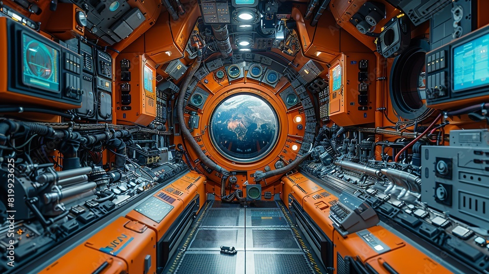 Sci-fi technology background image, Spacecraft engine room with complex ...