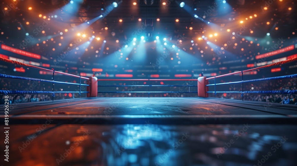 An empty boxing ring illuminated by bright lights with a blurred ...
