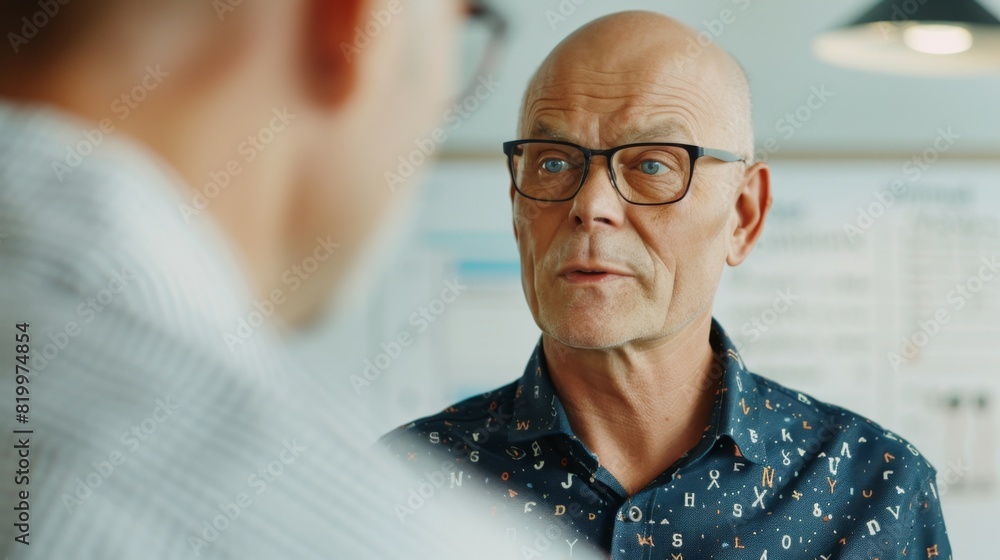 Bald man with glasses wearing a blue shirt with lettering engaged in a ...