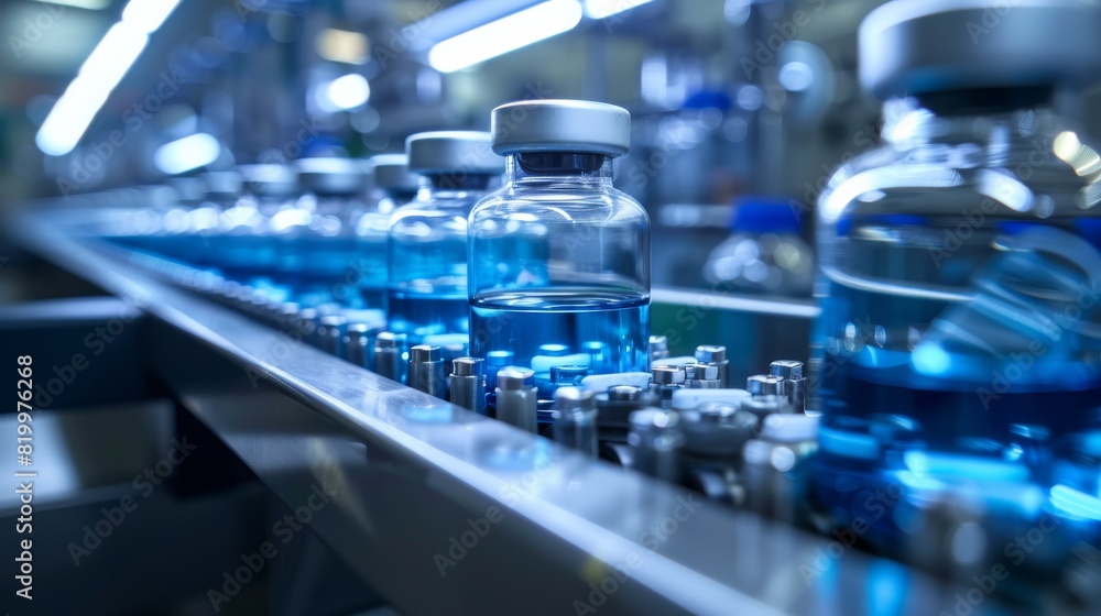 In the pharmaceutical production line, vial bottles with blue liquid ...