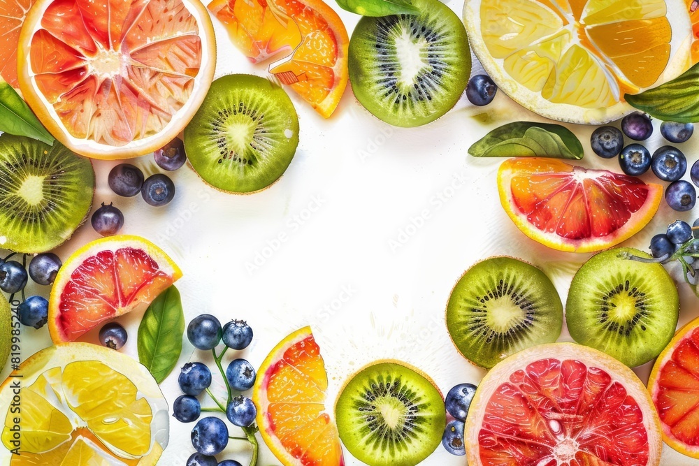 A watercolor clipart of a top view of fresh fruits arranged around the ...