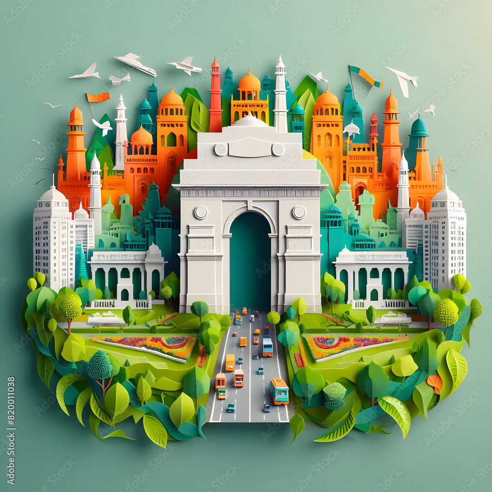 India Gate, Delhi India in papercraft-themed illustration diorama Stock ...