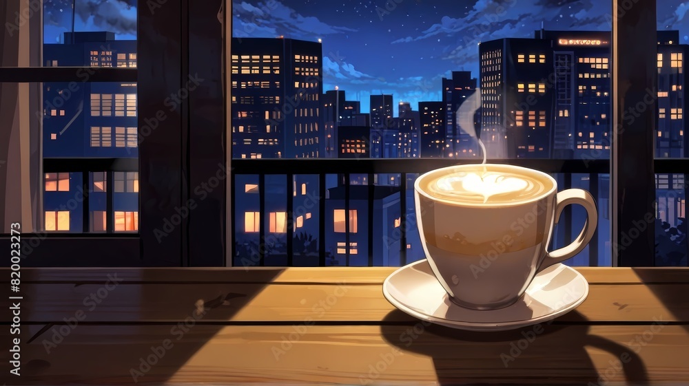Coffee cup on table, night cityscape window scene, cozy, Anime style ...