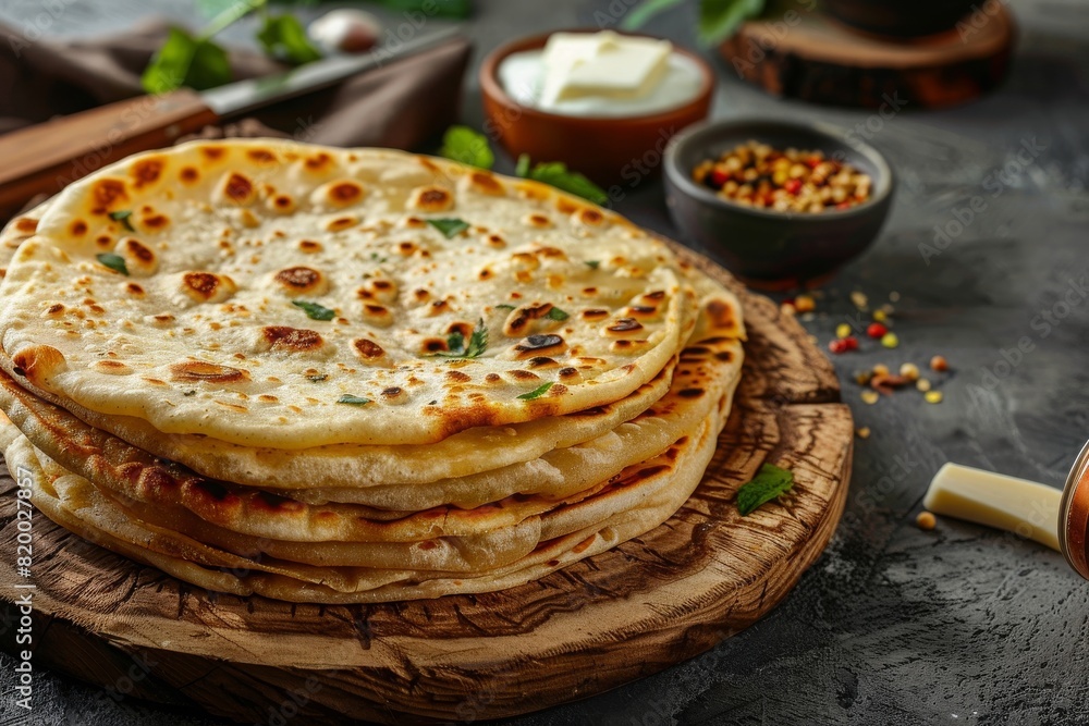 Indian flatbread stuffed with potatoes, aloo paratha, served with ...