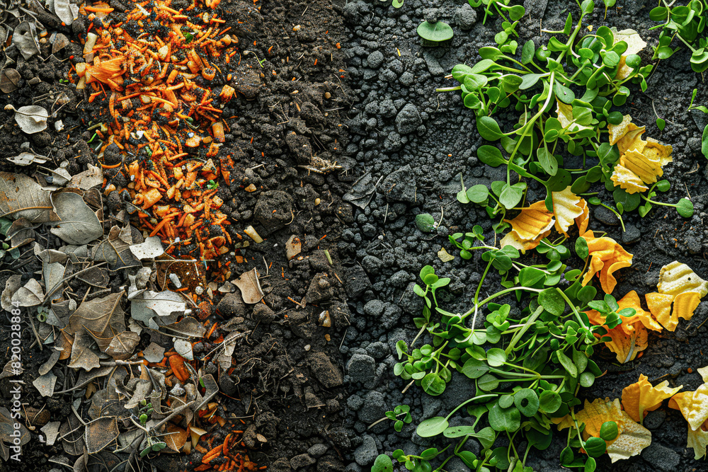 capturing the transformation from waste to life, one side depicting ...