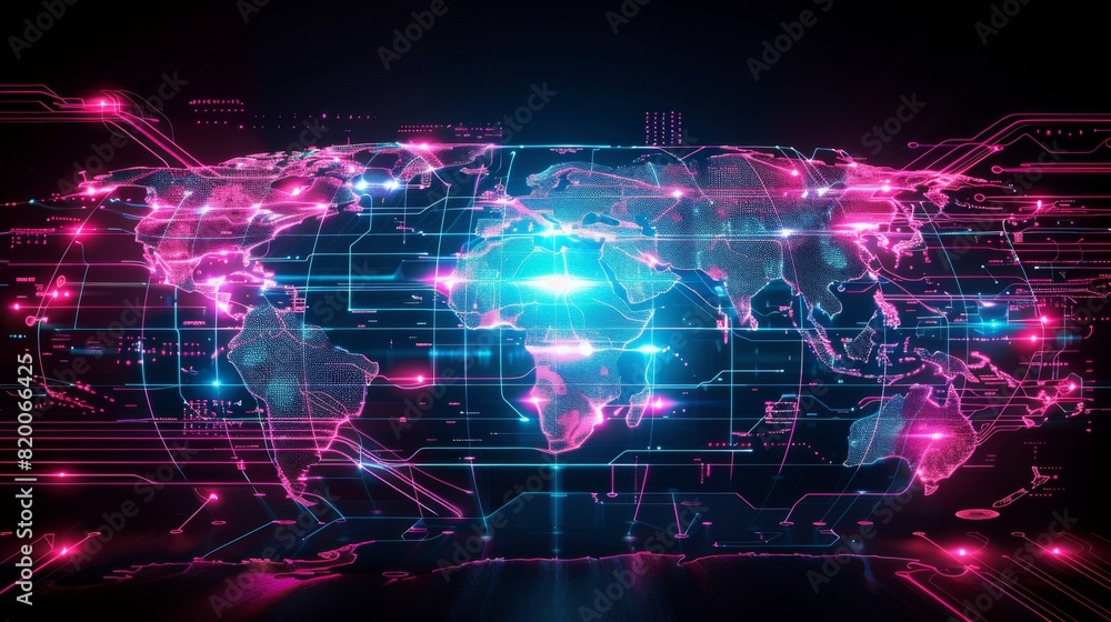 A futuristic globe-shaped digital world map wallpaper with neon-lit outlines of continents and ...