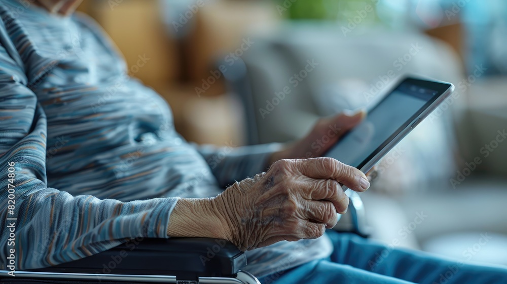 An elderly person in a wheelchair using a tablet device, with a ...