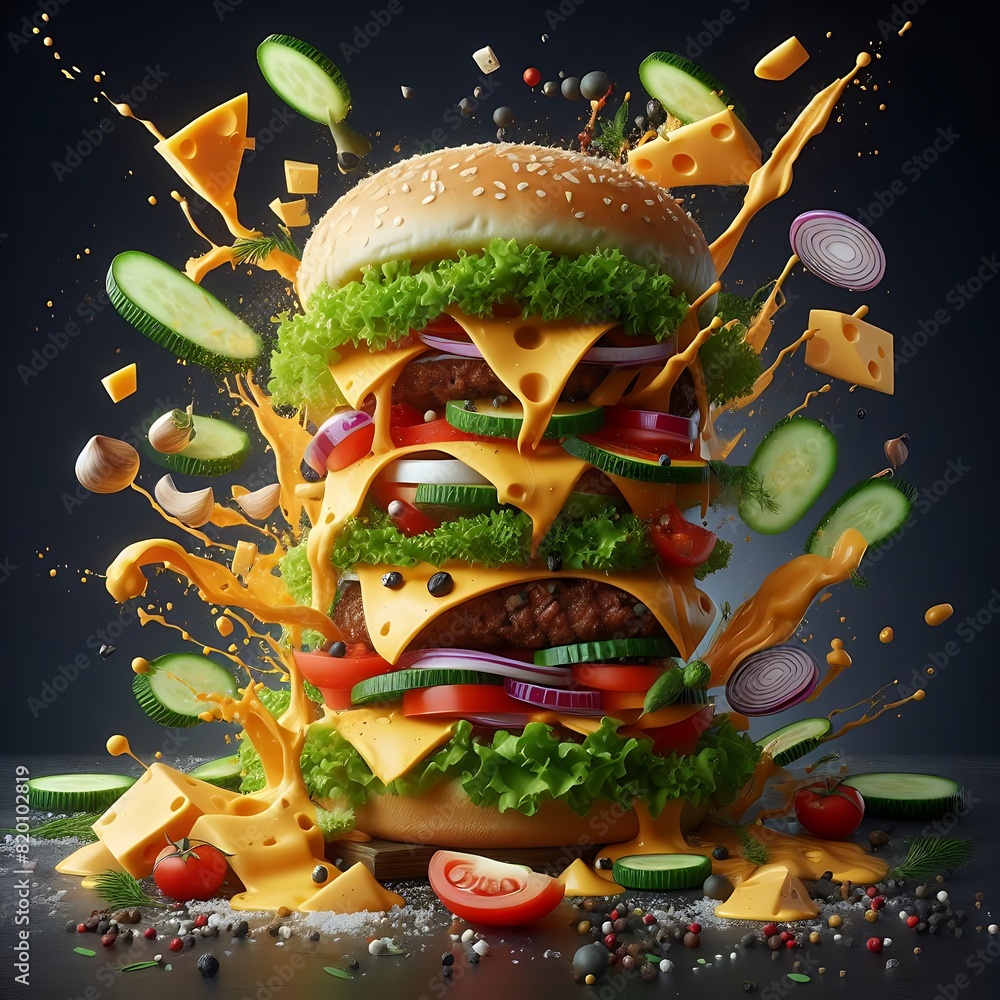Hamburger, cheese burger exploding with vegetable splash, studio ...