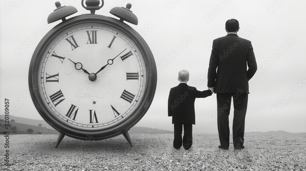 A child and an old man are merged with the hands and mechanism of a ...