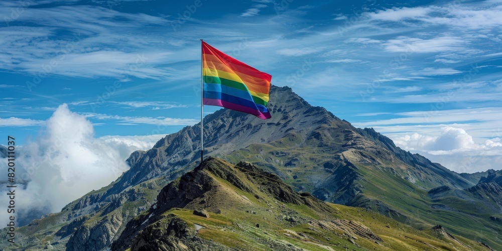 Pride and Elevation: Rainbow Flag Fluttering on Mountain Summit with ...