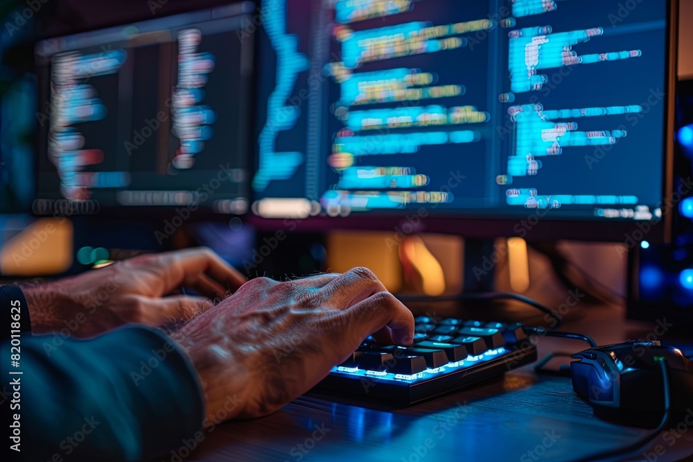 Close-up shots of hands typing on a keyboard, with code editors and debugging tools visible on ...