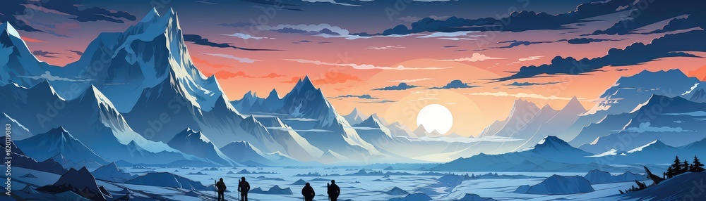 Arctic Ice Field with expedition team flat design top view adventure ...