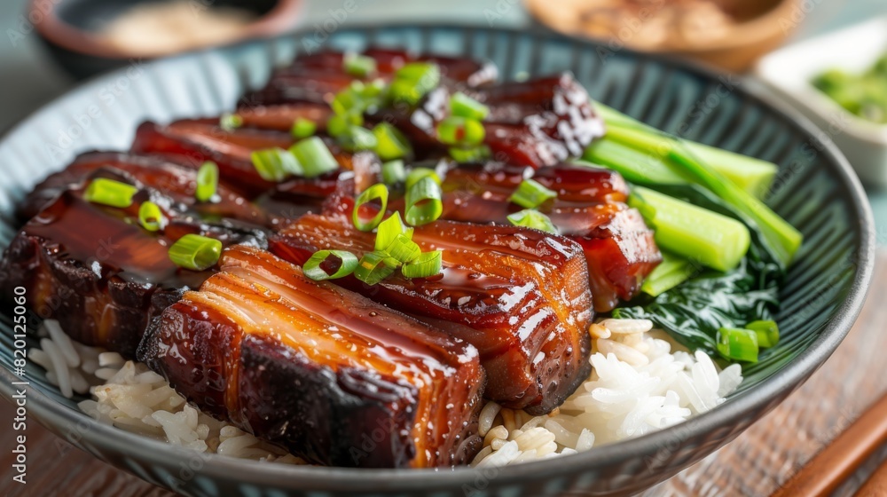 Traditional Chinese barbecue dish, char siu pork, marinated and roasted ...
