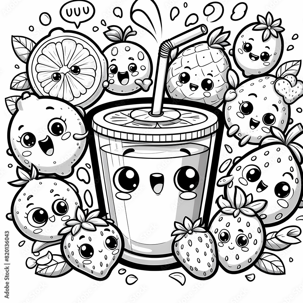 Cartoon Fruit Characters with Cup Coloring Page Stock Illustration ...