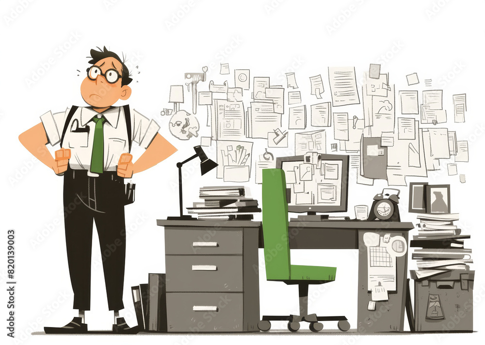 Animated worker at a computer, detailed office background, cartoon ...