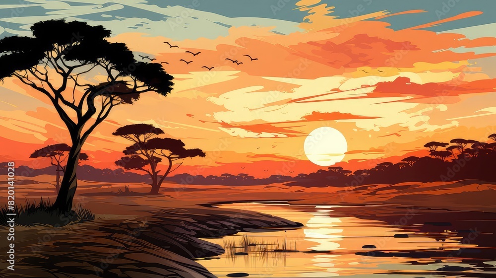 Savannah with acacia trees flat design side view sunset silhouette ...