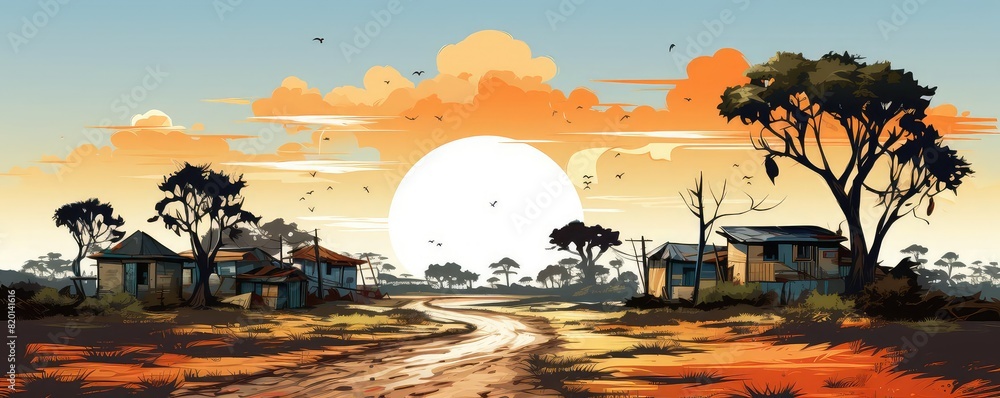 Savannah with traditional huts flat design front view cultural heritage ...