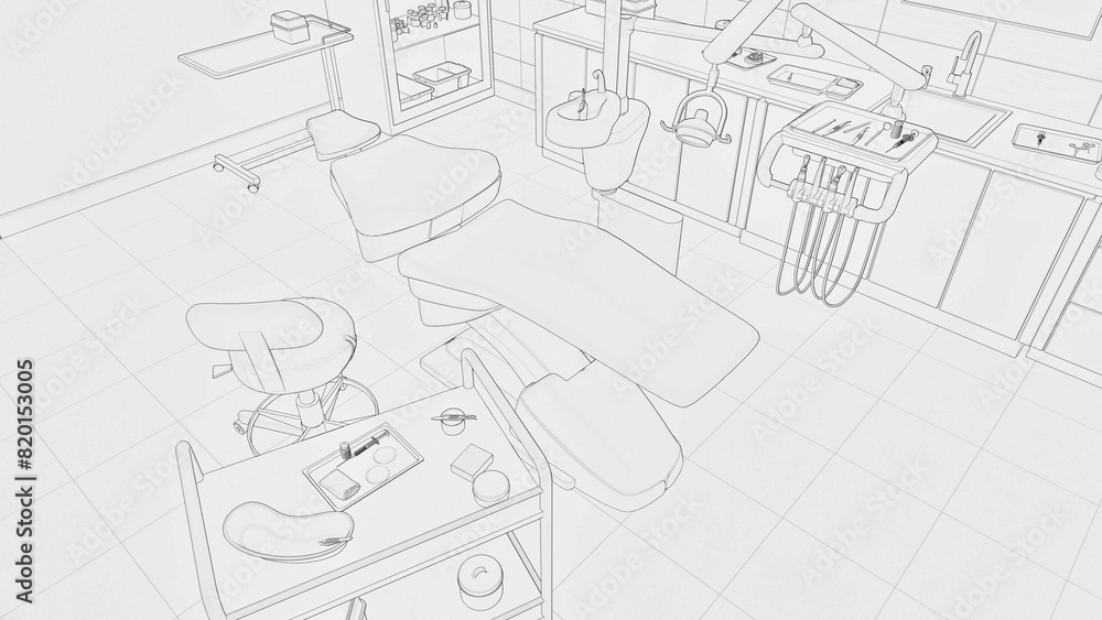 Artistic sketch drawing of medical clinic office with empty dentist ...