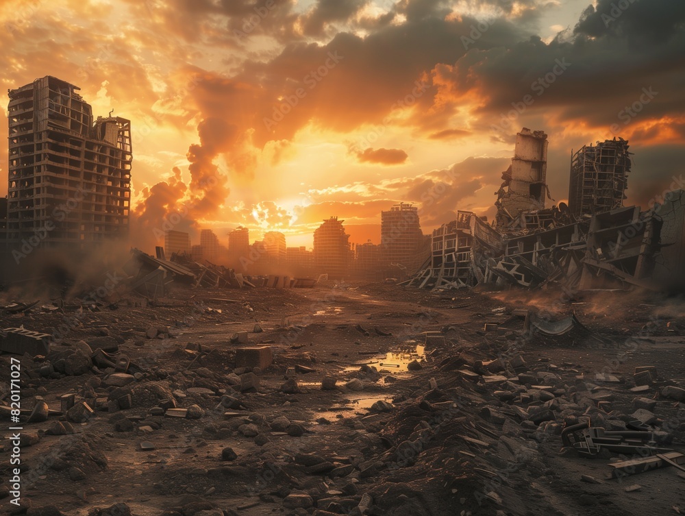 sunset over the city smoke industrial Abandoned world left destroyed ...