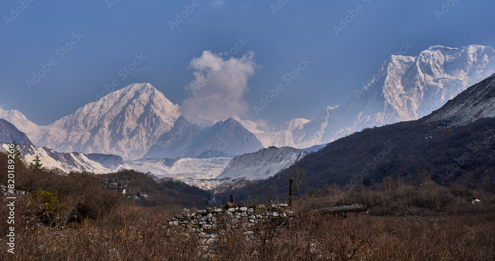 Mounts Gyaji Khang and Panbari Himal as seen in a descent from Bimthang ...