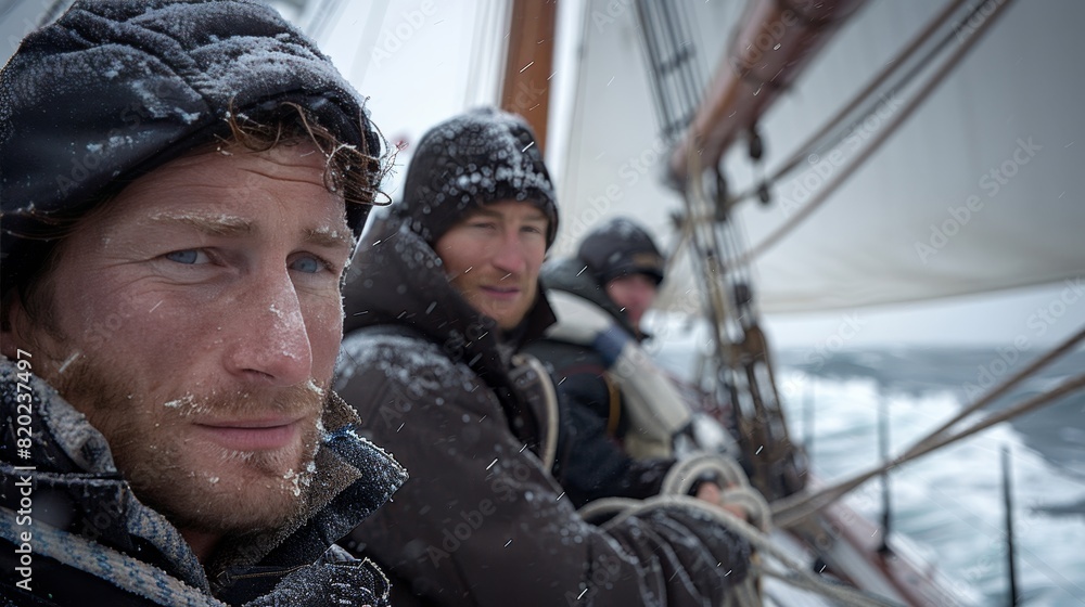 Captured in an intense extreme close-up, crew members collaborate ...