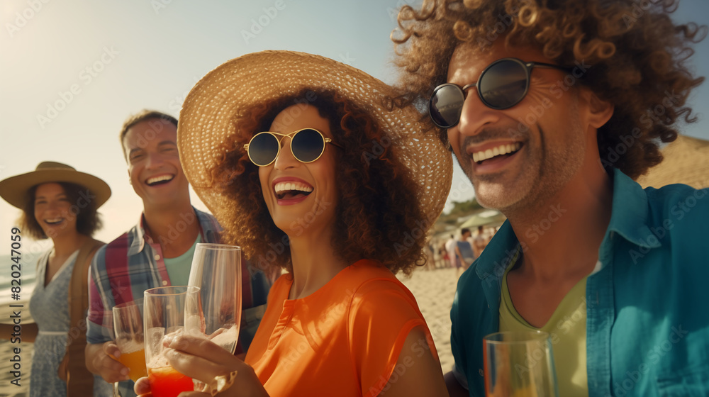 At the beach, a group of friends savors the moment with champagne and ...