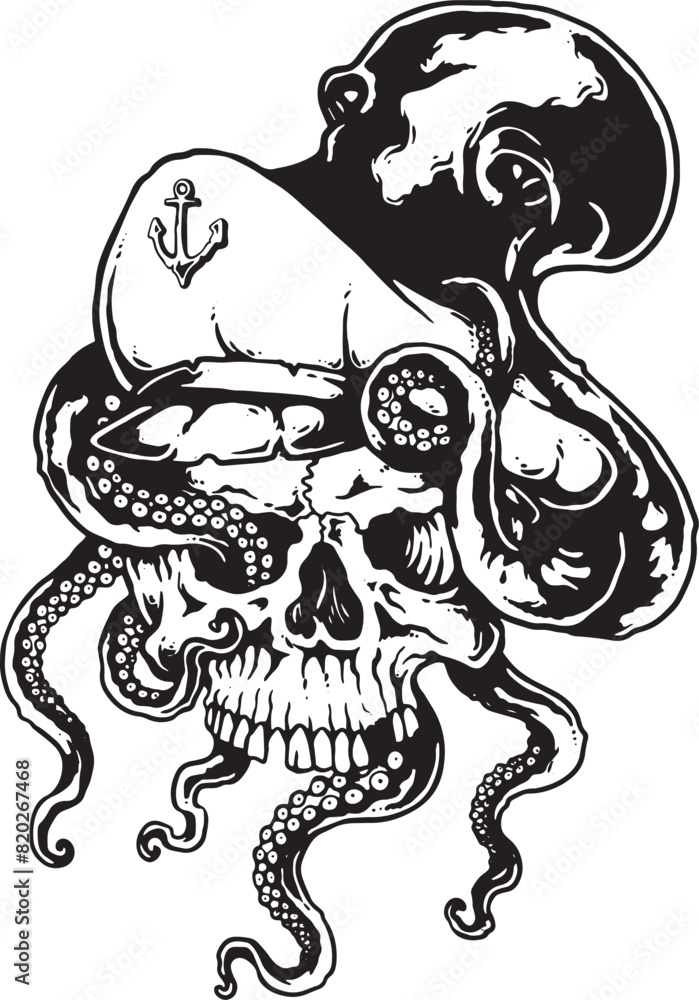 hand drawn skull octopus ship driver silhouette clipart vector ...