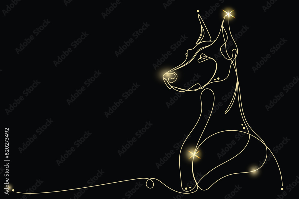 Line Art Doberman Animal with Gold Glitter Stars. Luxury Rich Glamour ...