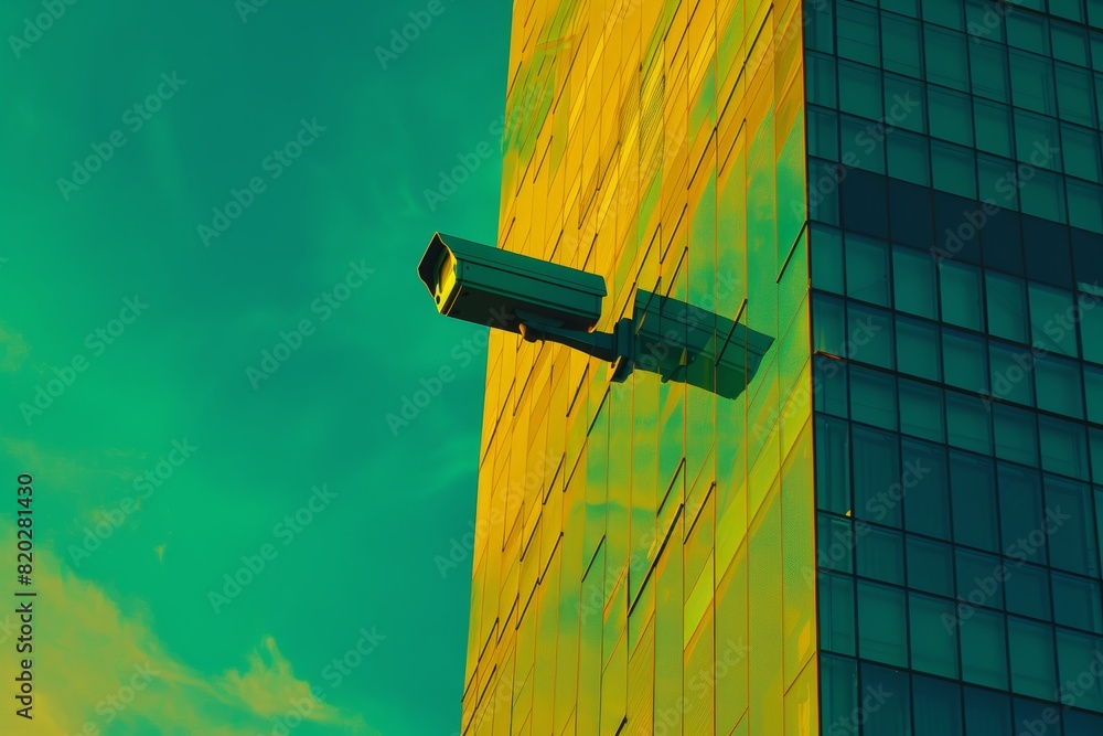 A color photo of an AI-powered security camera mounted on a wall ...
