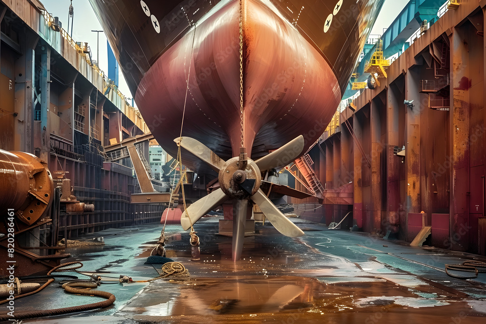 Propeller of cargo ship in dry dock undergoing maintenance: Close-up ...