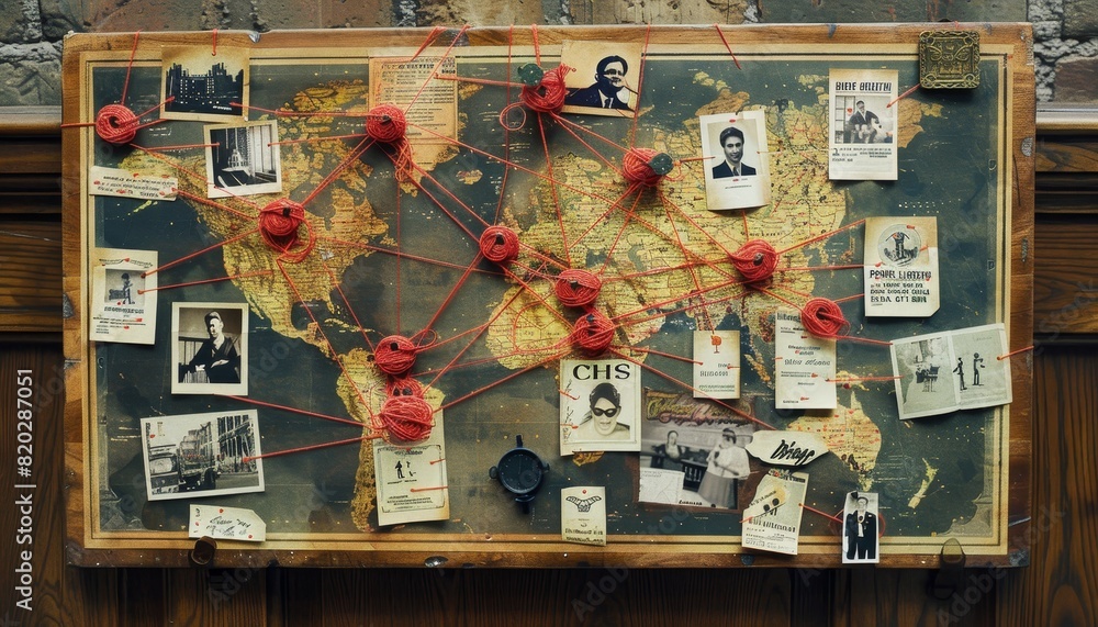 Detective investigation board with photos, map, clues, and red thread ...