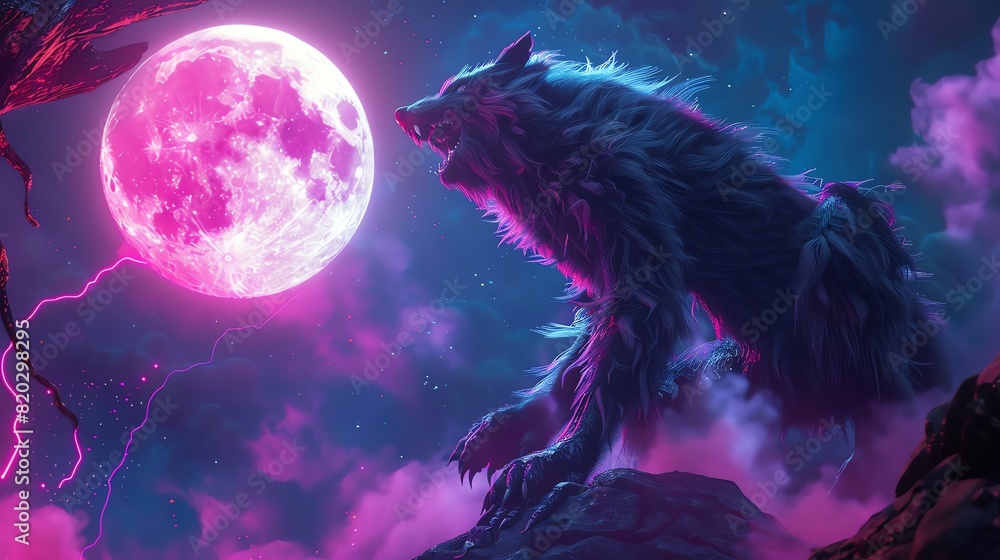 A powerful werewolf howling at a vibrant pink full moon, set against a ...