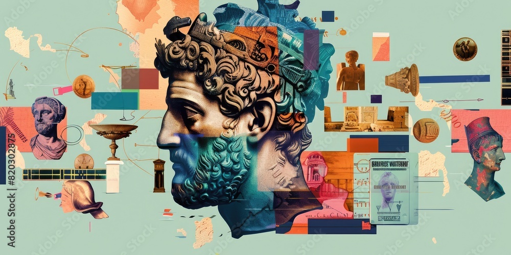 The image shows a colorful collage of ancient Greek and Roman ...