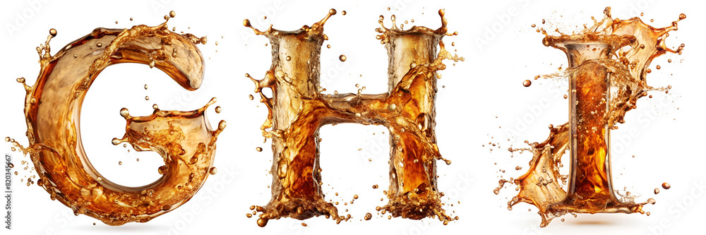 Letters G, H, I. Cola Soda Alphabet on White Background with Splash ...