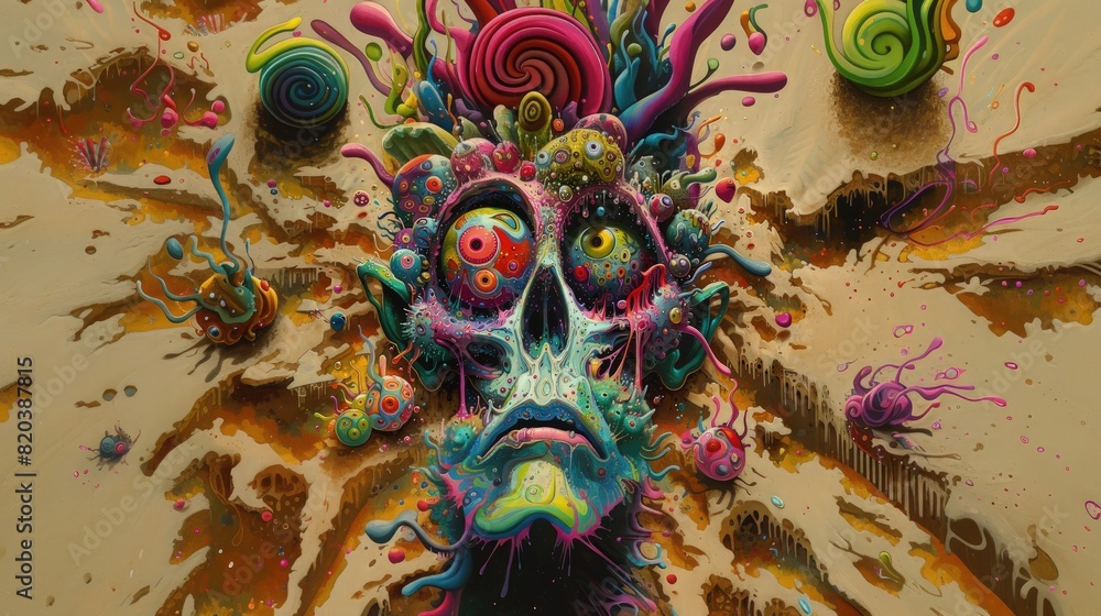Colorful monster heads frazzled with hearts and eyes, in surrealism ...