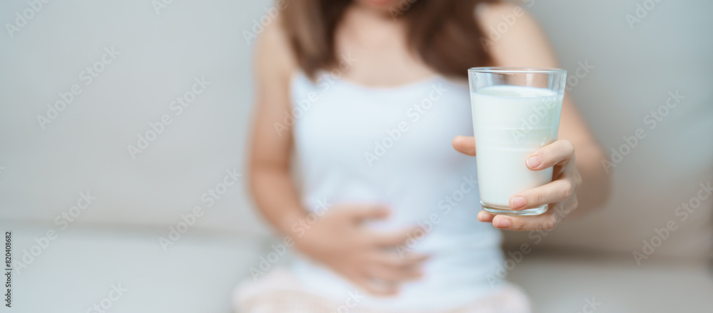 Lactose intolerance and Milk allergy concept. woman hold Milk glass and ...