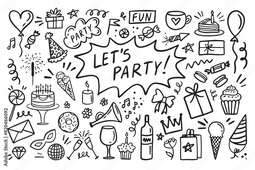 Doodle party elements Hand drawn set. Sketch icons for invitation ...