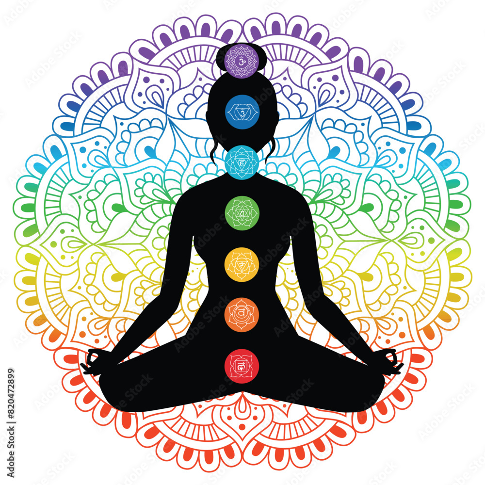 Vector de Stock Seven chakras on meditating yogi woman silhouette,Human ...