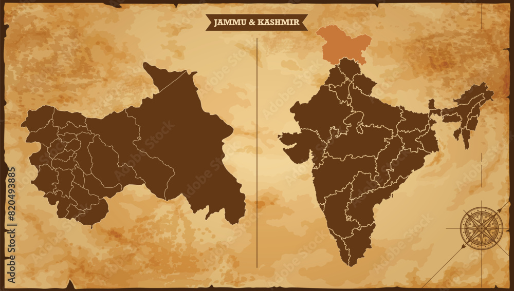 Jammu and Kashmir state map, India map with federal states in A vintage ...