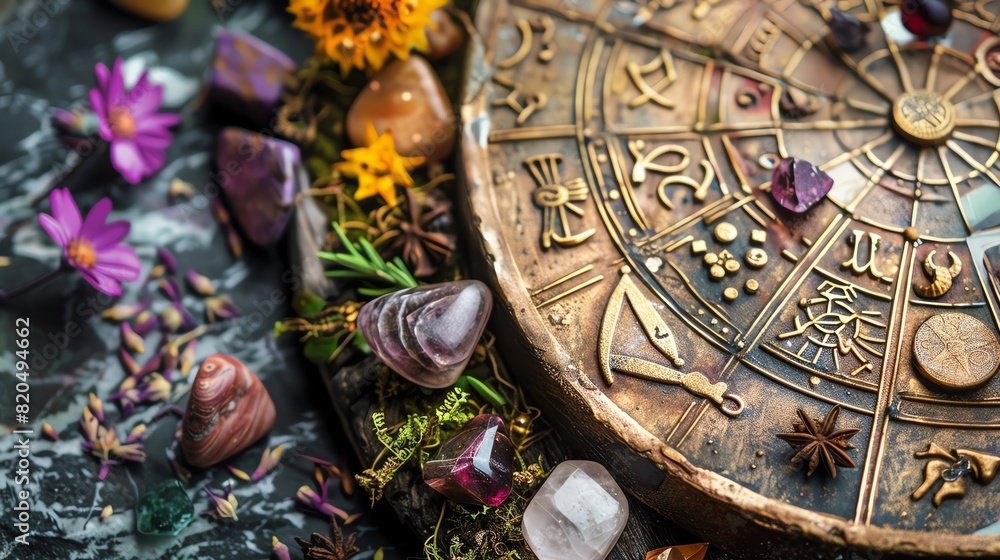 Astrological chart with gemstones and flowers, depicting zodiac symbols ...