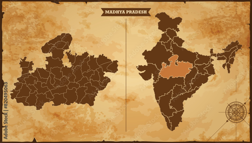 Madhya Pradesh state map, India map with federal states in A vintage ...
