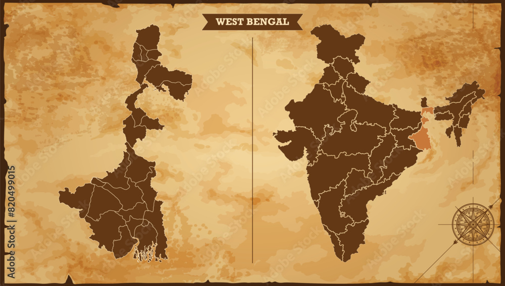 West Bengal state map, India map with federal states in A vintage map ...