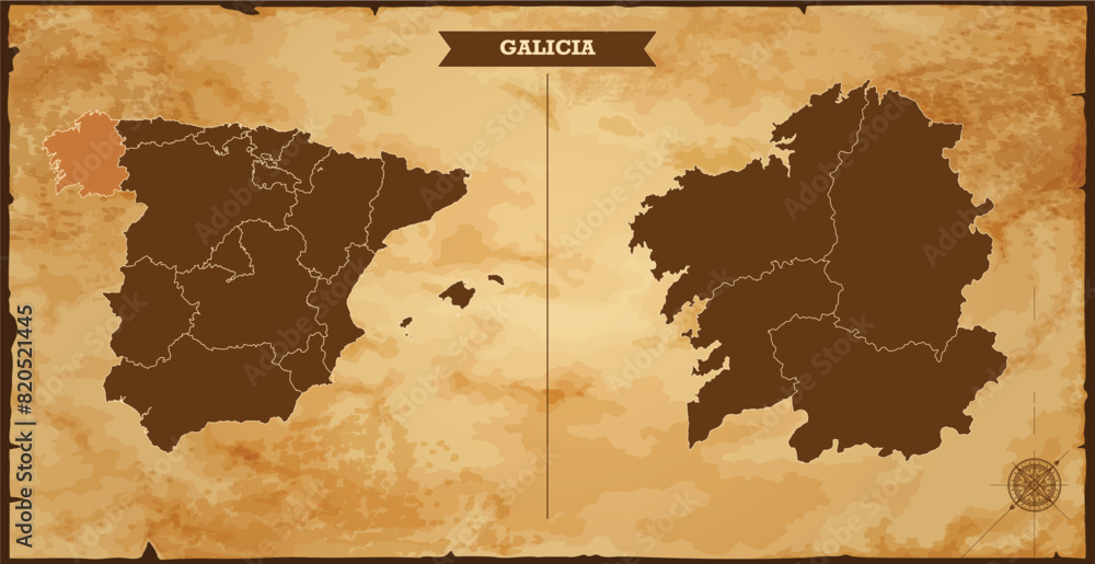 Galicia state map, Spain map with federal states in A vintage map based ...