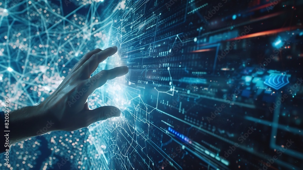 Businessman hand touching of digital data network transformation for next generation technology ...