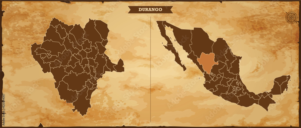 Durango state map, Mexico map with federal states in A vintage map ...