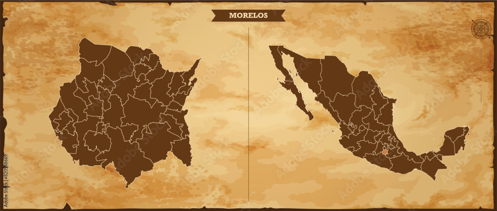 Morelos state map, Mexico map with federal states in A vintage map ...