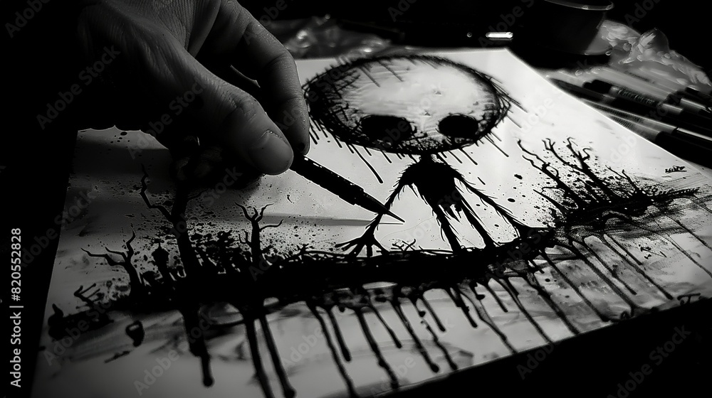 cute horror scene, creature and oddity horror coloring book page, black ...