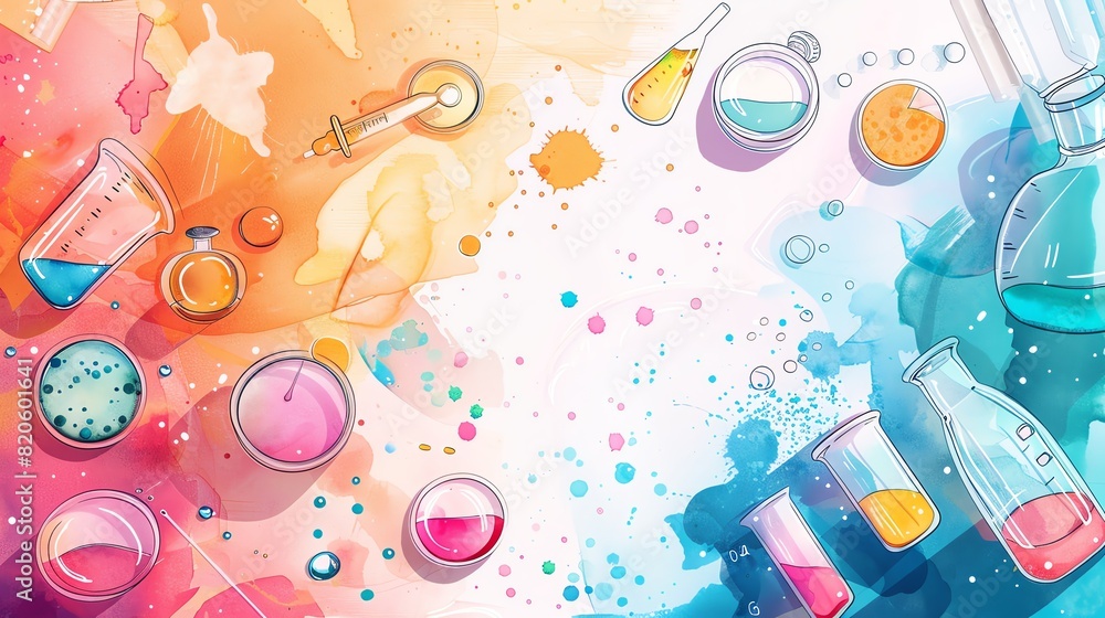 Lab equipment including beakers, test tubes, and flasks with colorful ...