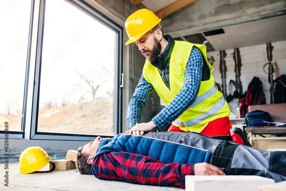 Colleague performing CPR on an injured worker lying on the ground after ...